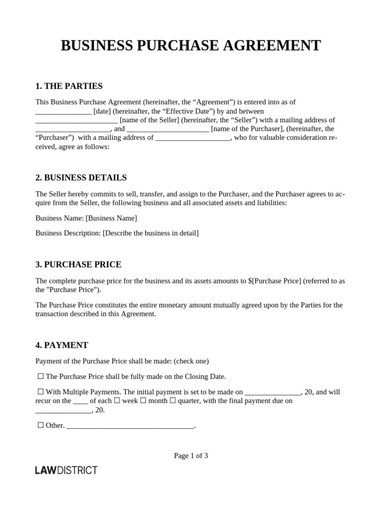 Business Purchase Agreement Template (1) | PDF | Prices | Payments