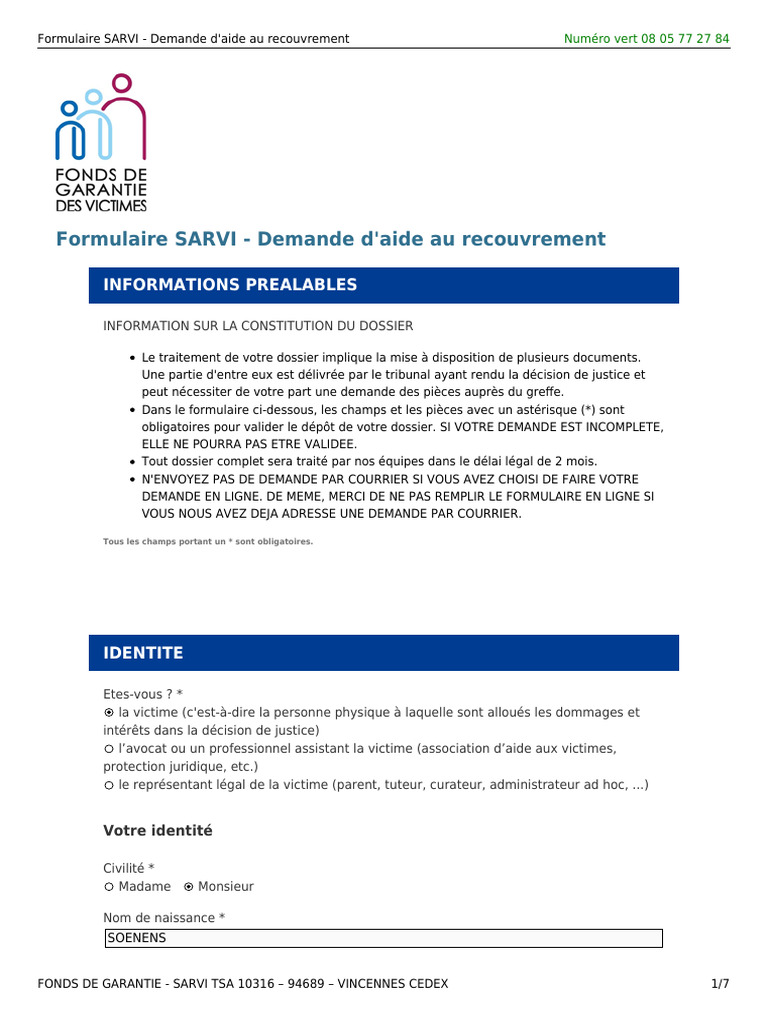 Formulaire SARVI : Aide au recouvrement | PDF | Justice | Crime et violence