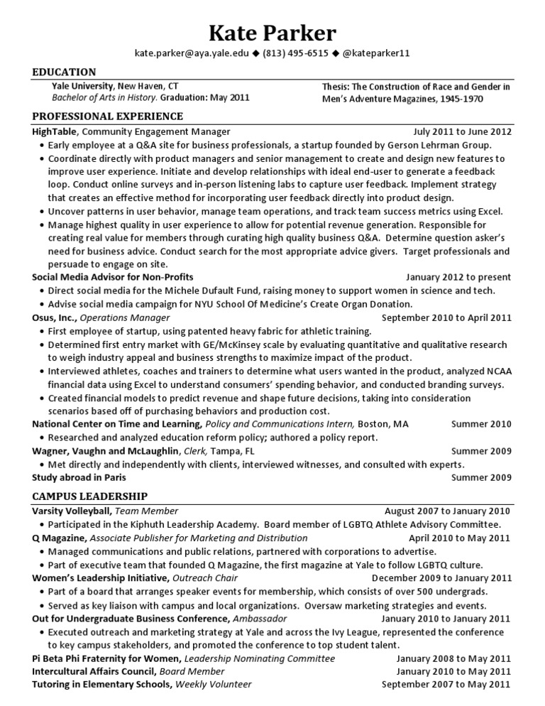 Kate Parker Resume | PDF | Yale University | Social Media