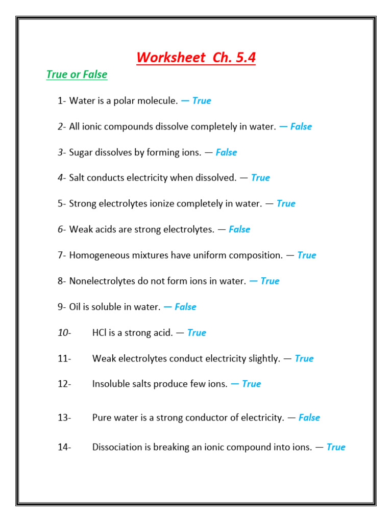 Water Properties and Electrolytes Worksheet | PDF | Electrolyte | Solvation