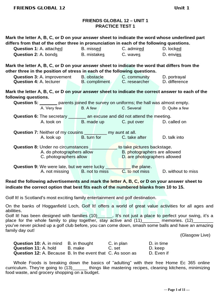 FRIENDS GLOBAL 12 Unit 1 Practice Test | PDF