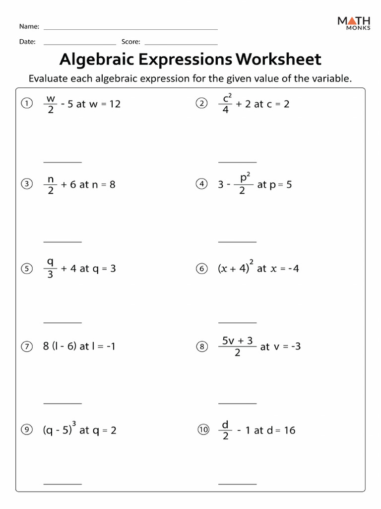 Algebraic Expressions Worksheets With Answers | PDF
