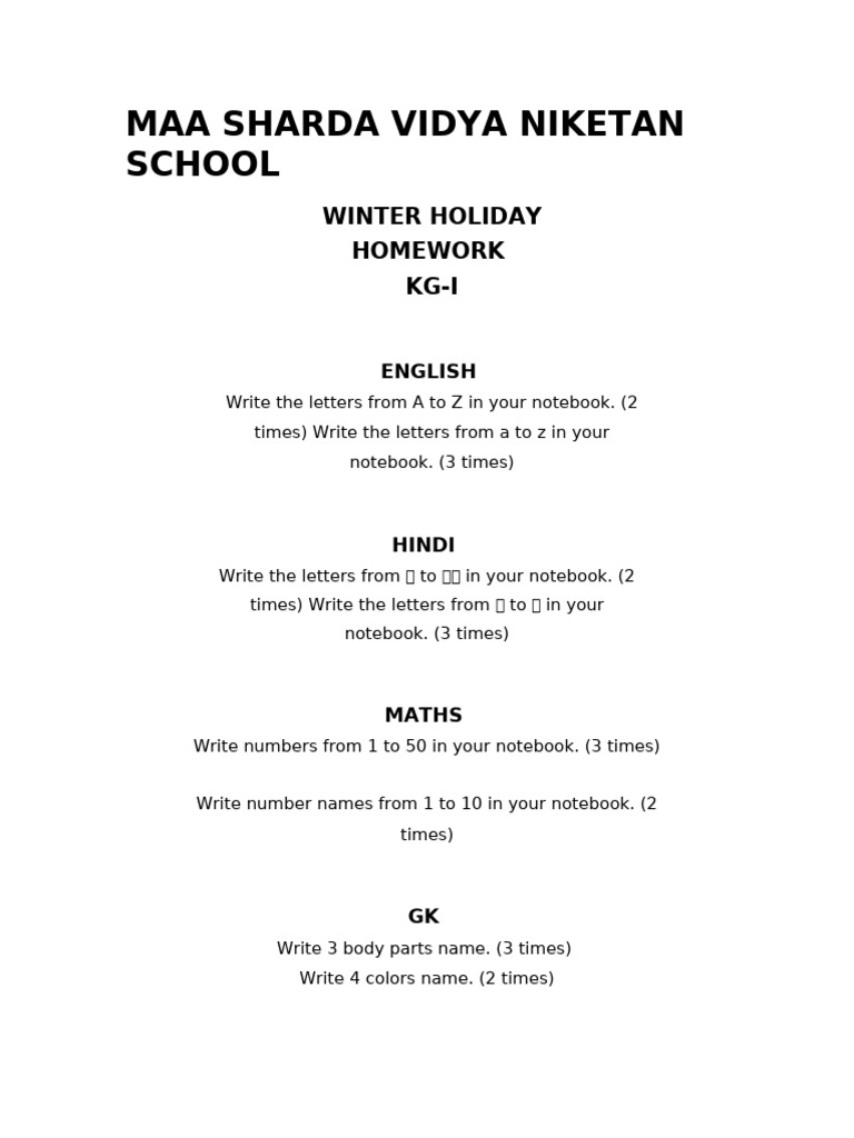 Maa Sharda Vidya Niketan School: Winter Holiday Homework Kg-I | PDF