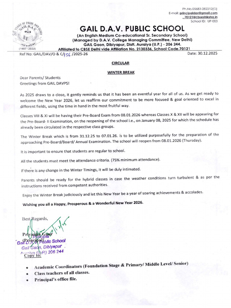 GDPS - Winter Break Circular For Students, Parents | PDF