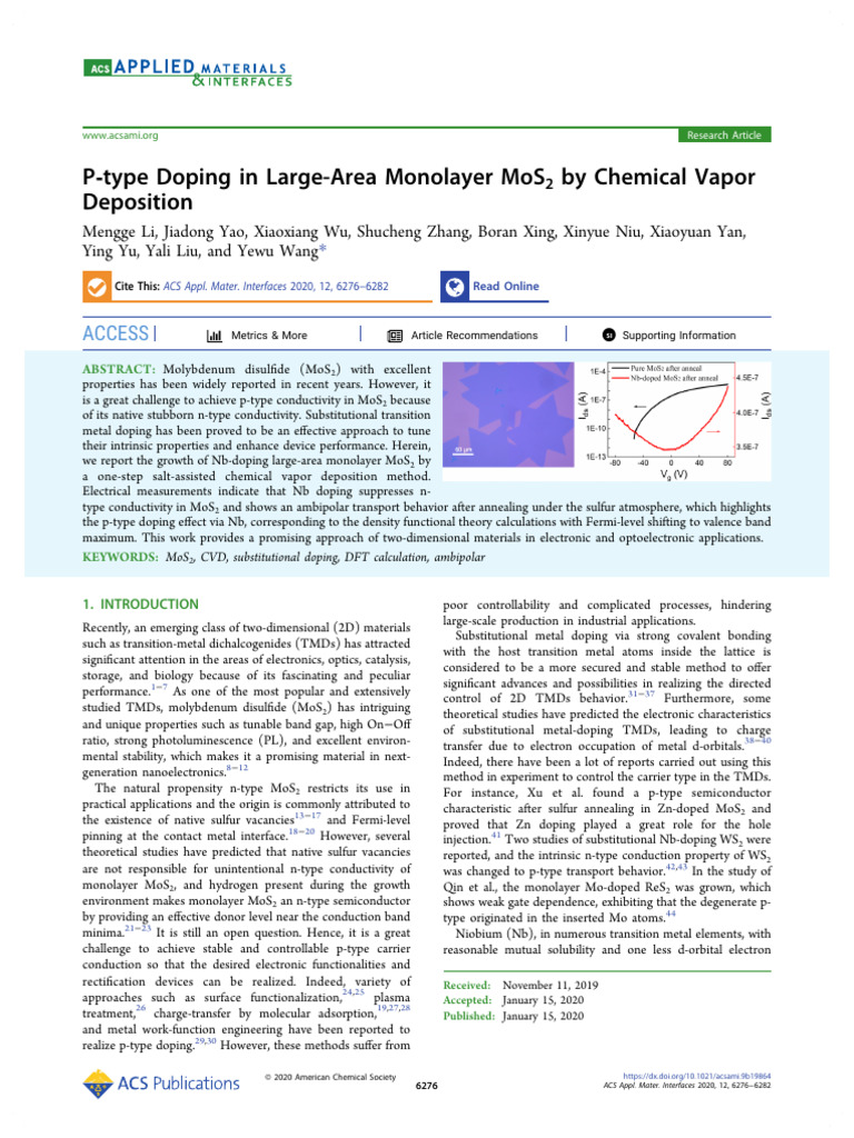 Li Et Al 2020 p Type Doping in Large Area Monolayer Mos2 by Chemical ...