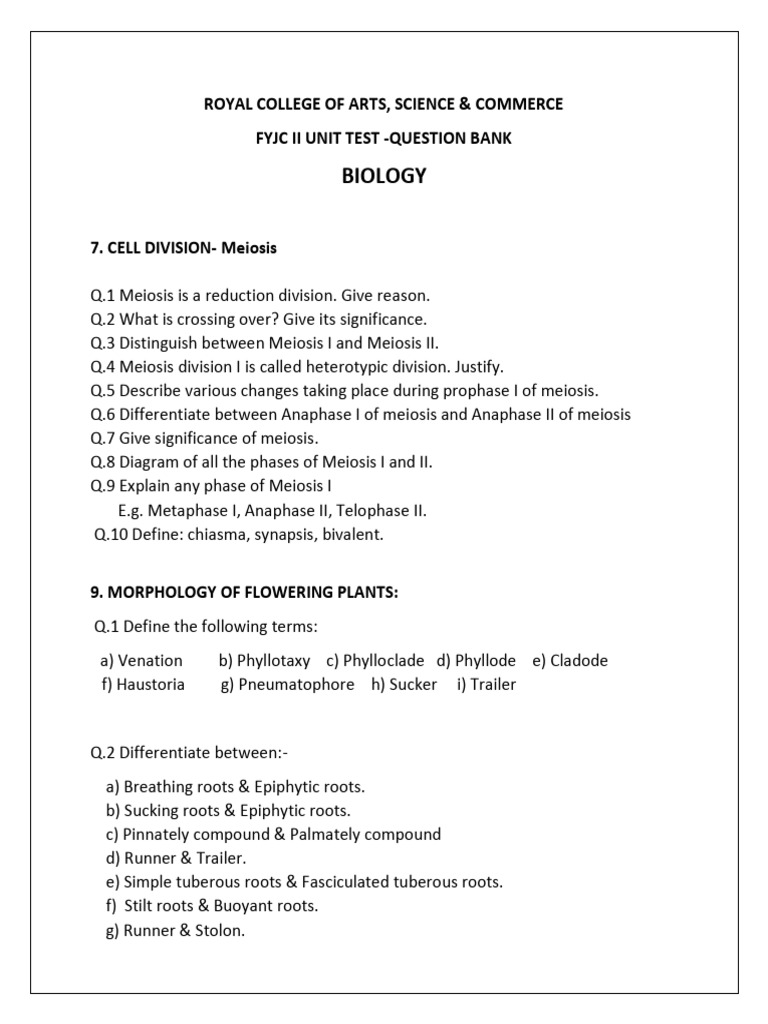 Biology Question Bank for FYJC II | PDF | Digestion | Meiosis
