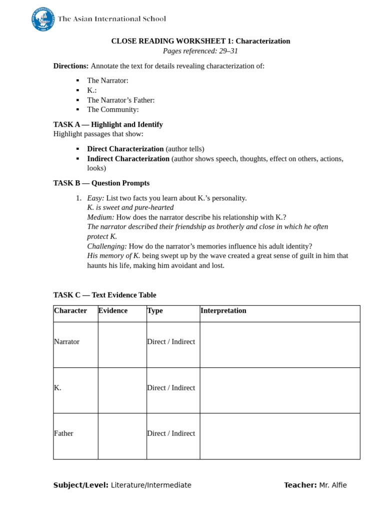 Close Reading Worksheet 1 on Characterization | PDF