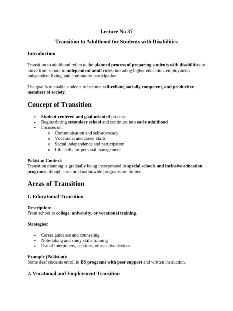 Lecture No 38 Transition to Adulthood for Students With Disabilities ...