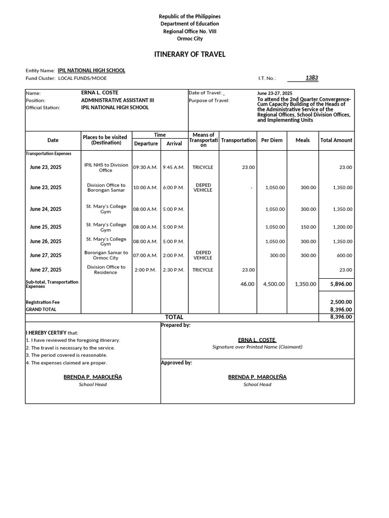 Travel Itineraries for DepEd Officials | PDF | Per Diem | Transport