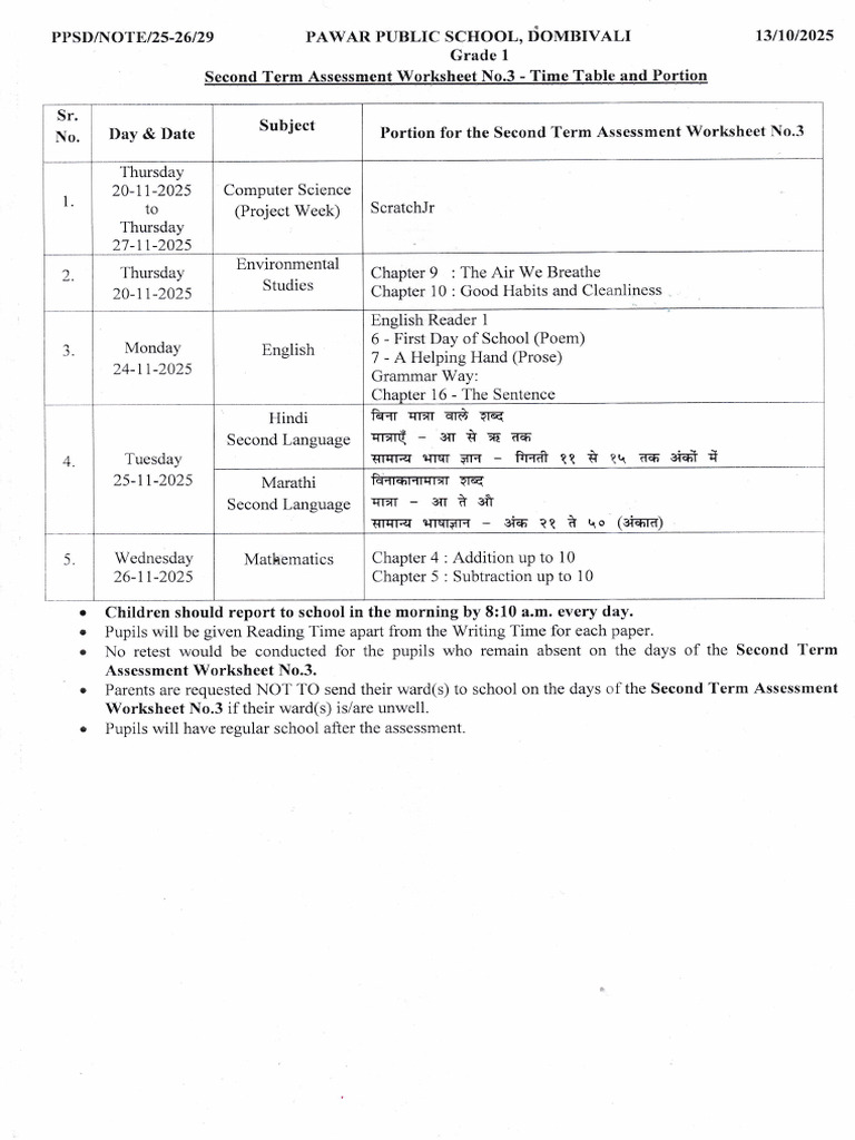 29 Note - Grade 1 - Second Term Assessment Worksheet 03 - Time Table ...