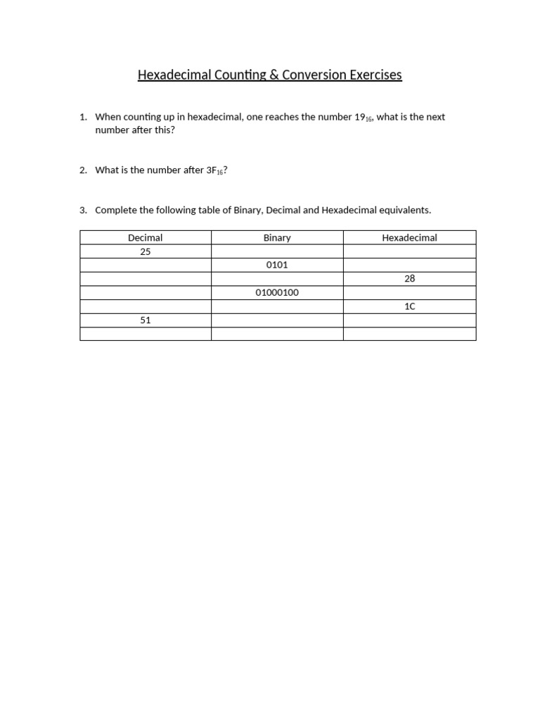 Hexadecimal Counting Exercises Guide | PDF