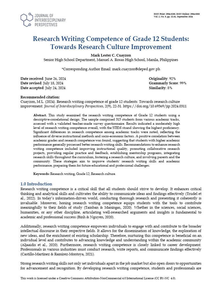 Research Writing Competence of Grade 12 Students Towards Research ...