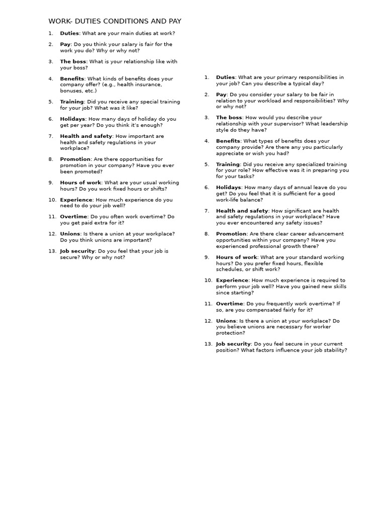 Work Duties, Pay, and Conditions Overview | PDF | Overtime ...