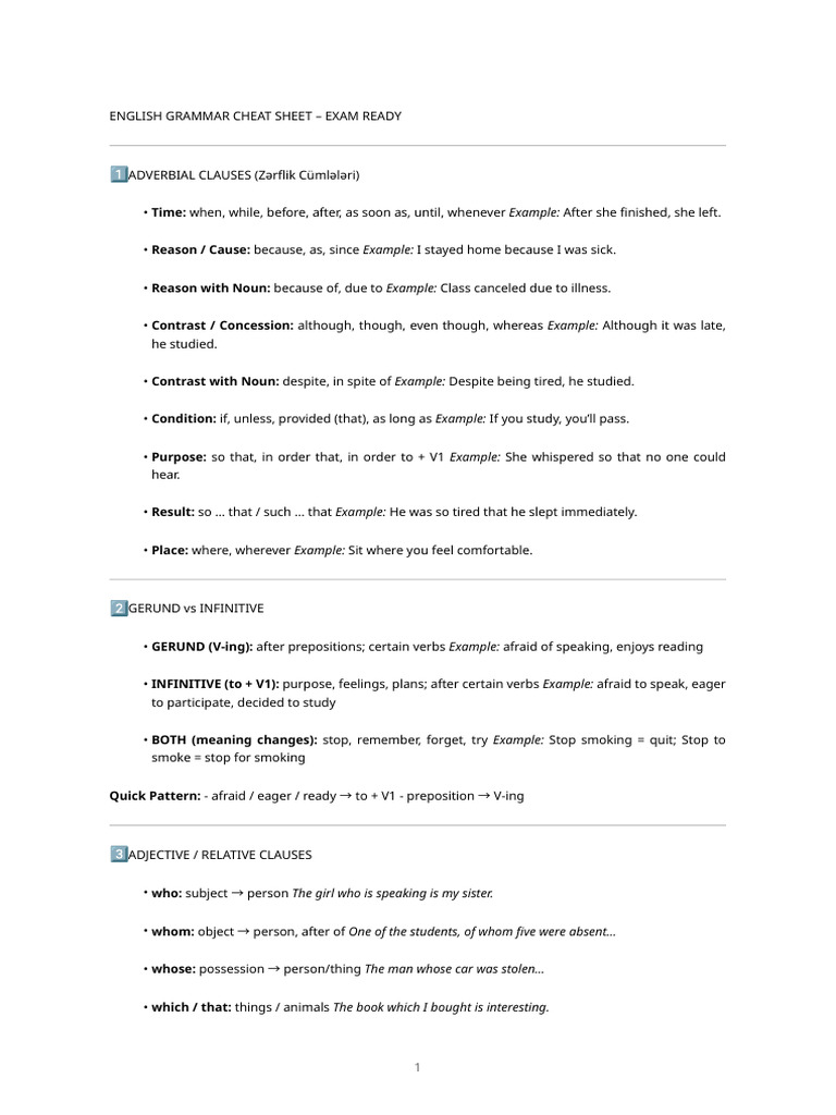 English Grammar Exam Cheat Sheet | PDF | English Grammar | Morphology