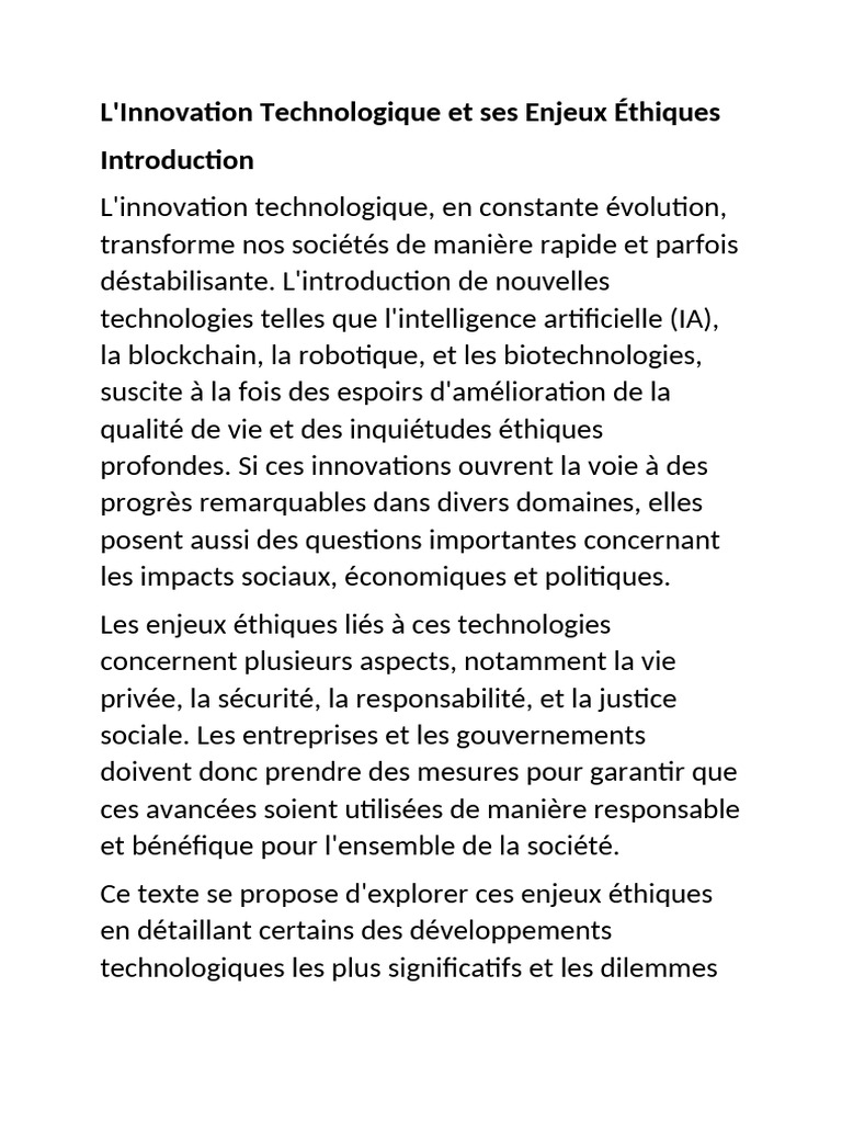 Enjeux Éthiques de l'Innovation Technologique | PDF | Intelligence ...