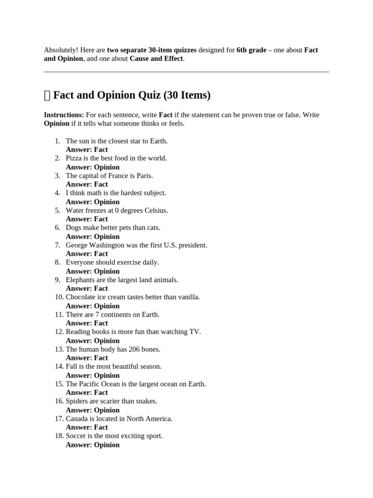 6th Grade Fact, Opinion, Cause & Effect Quizzes | PDF