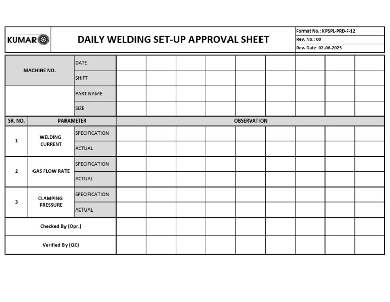 Daily Welding Set-Up Approval Sheet | PDF