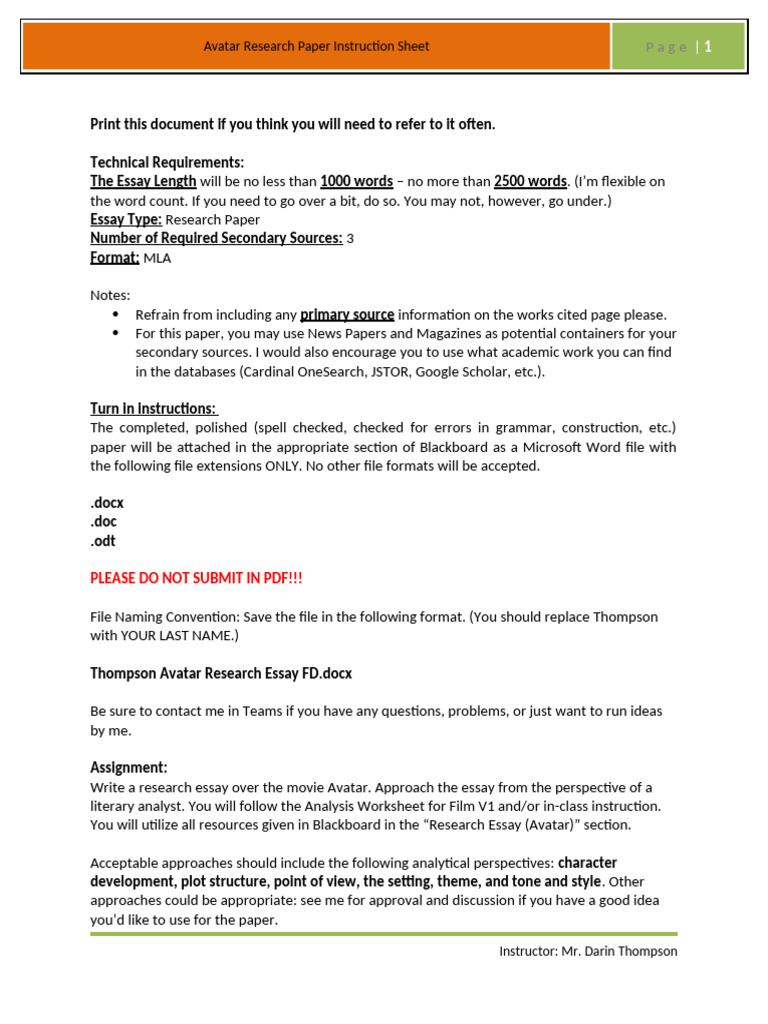 Avatar Research Paper Instruction Sheet V3 | PDF | Narration | Essays