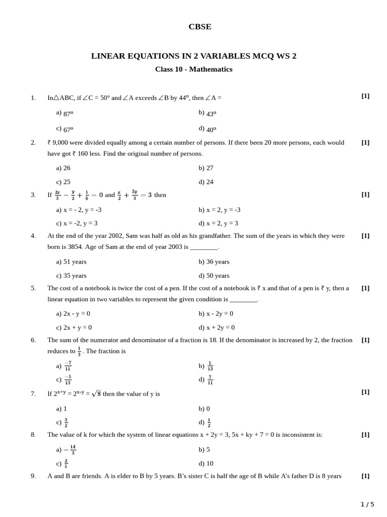 Class 10 Linear Equations MCQ Worksheet | PDF | Equations | Cartesian ...