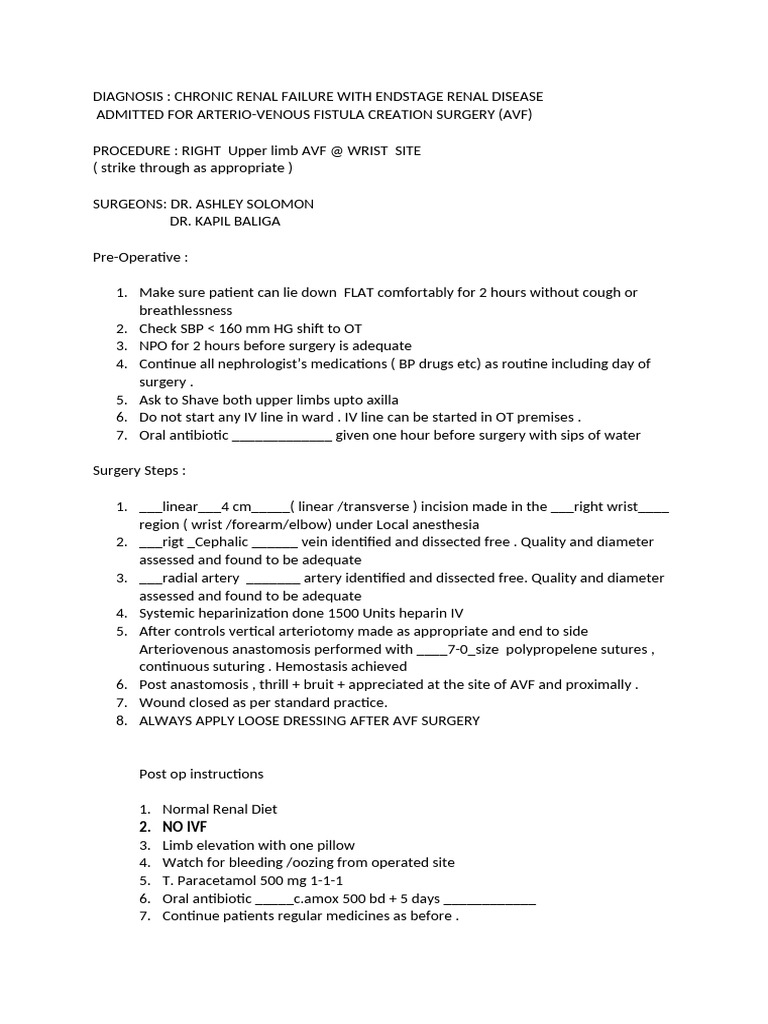 AVF Surgery for End-Stage Renal Disease | PDF
