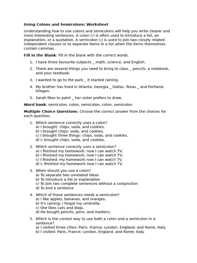 Colons and Semicolons Worksheet | PDF | Comma | Language Mechanics