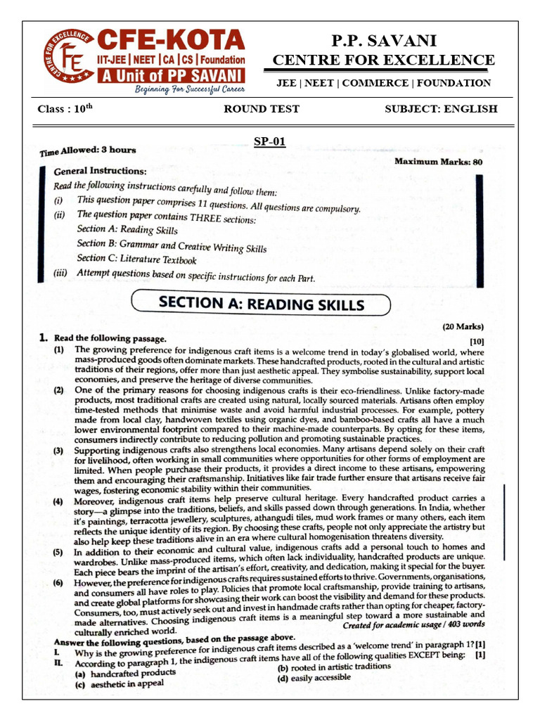 10th English Round Test | PDF