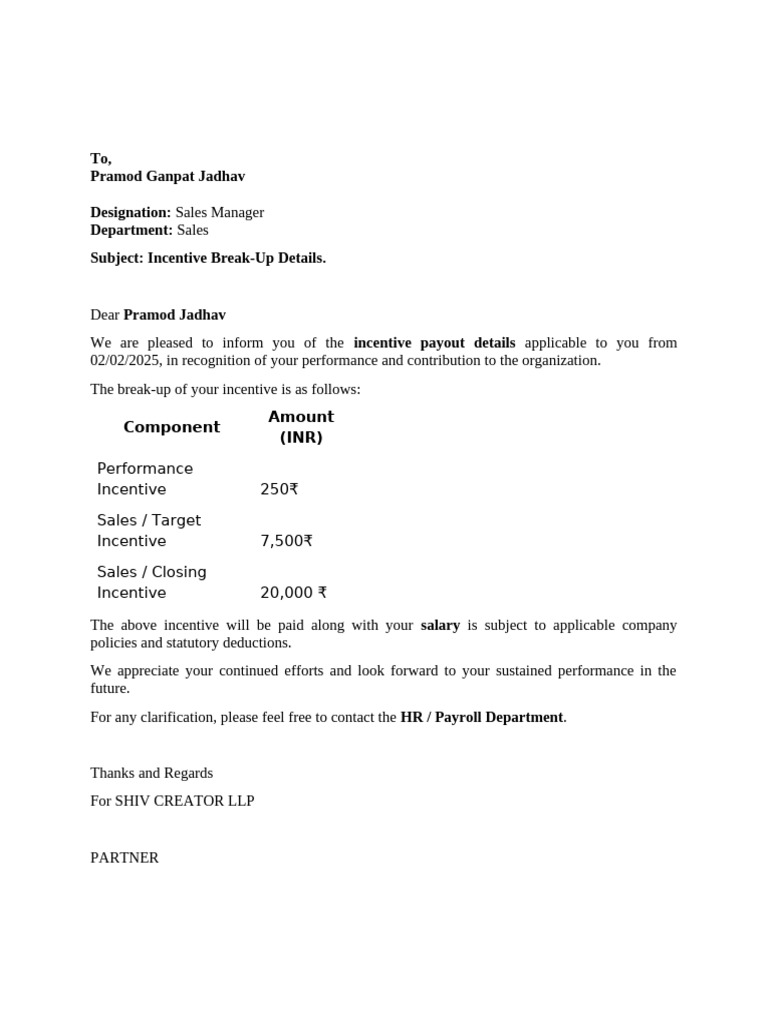 Incentive Payout Details for Pramod Jadhav | PDF
