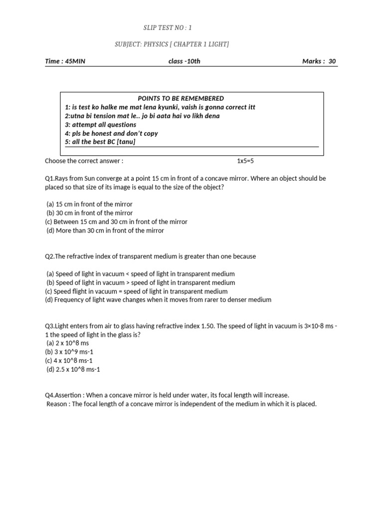 Light Chapter 1 Test (Tp) | PDF | Optics | Light
