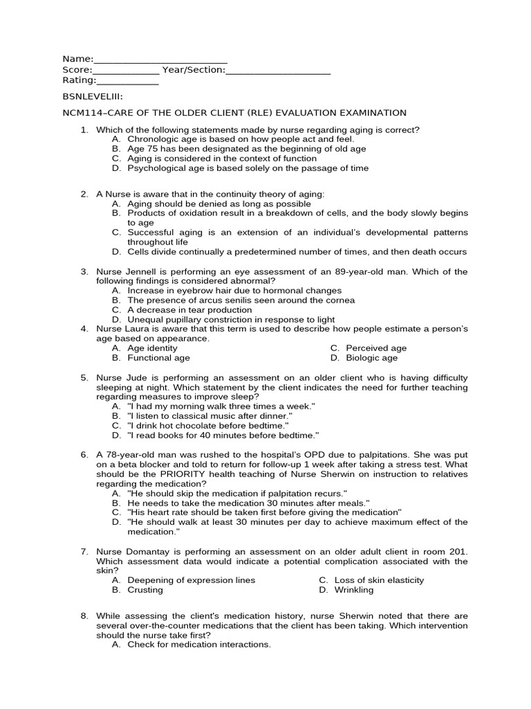 Geriatric Nursing Evaluation Exam Guide | PDF | Pain | Bone