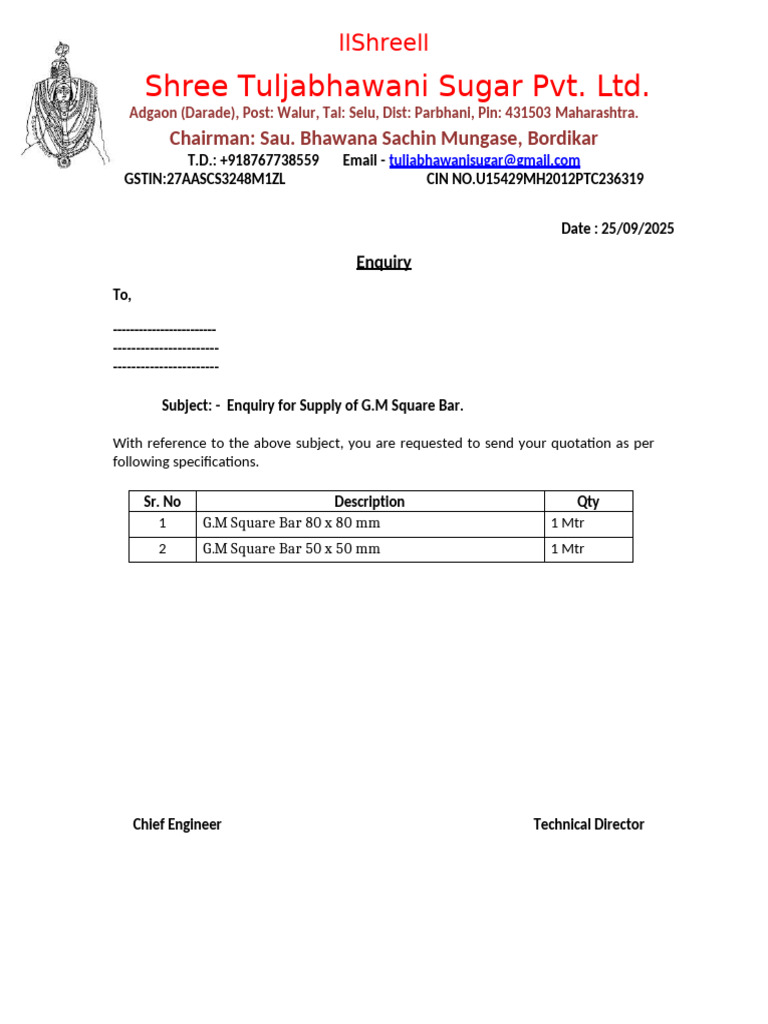 G.M Square Bar Supply Enquiry Letter | PDF