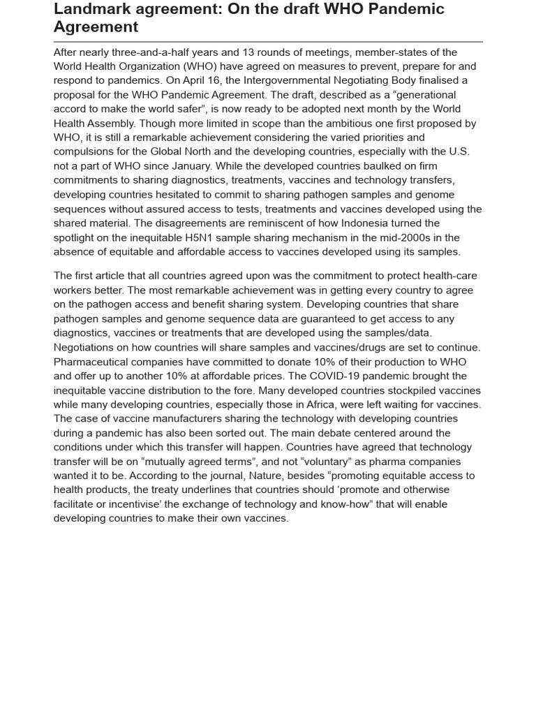 WHO Pandemic Agreement Finalized | PDF | World Health Organization ...