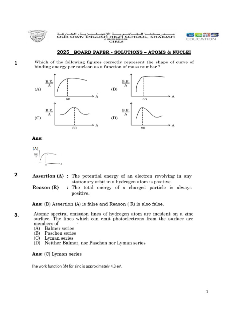 2025 Board Paper: Atoms & Nuclei Solutions | PDF | Atomic Nucleus ...