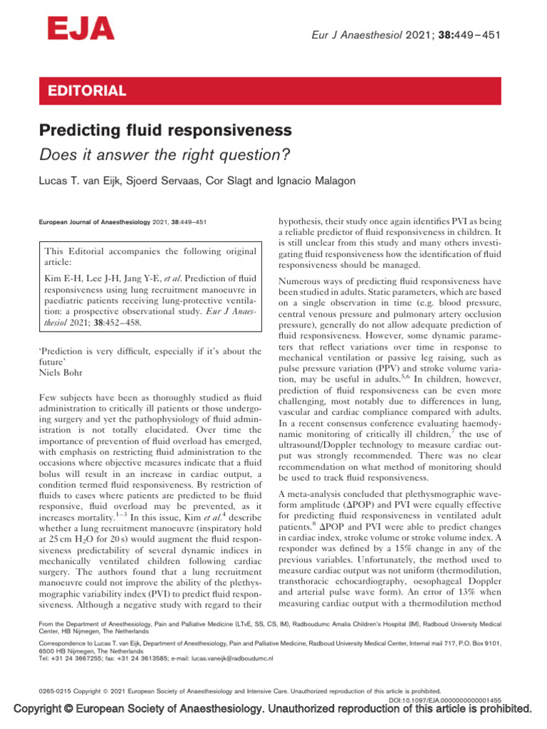 Predicting Fluid Responsiveness | PDF | Sepsis | Intensive Care Medicine