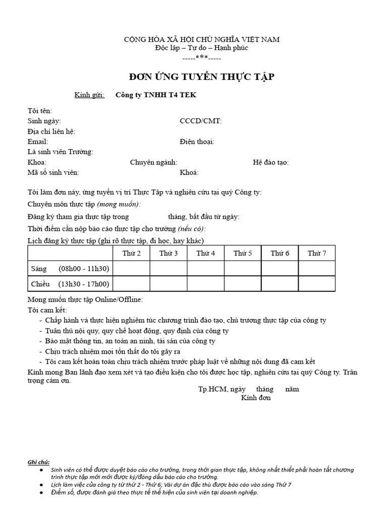 DonUngTuyenThucTap - T4Tek.docx | PDF