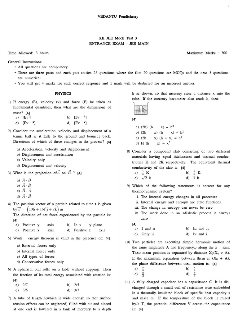 JEE Main XII Mock Test 3 - Physics & Chemistry | PDF | Electron | Force