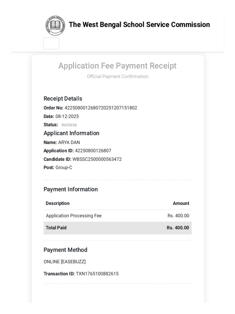 WBSSC - Fees Payment Receipt | PDF