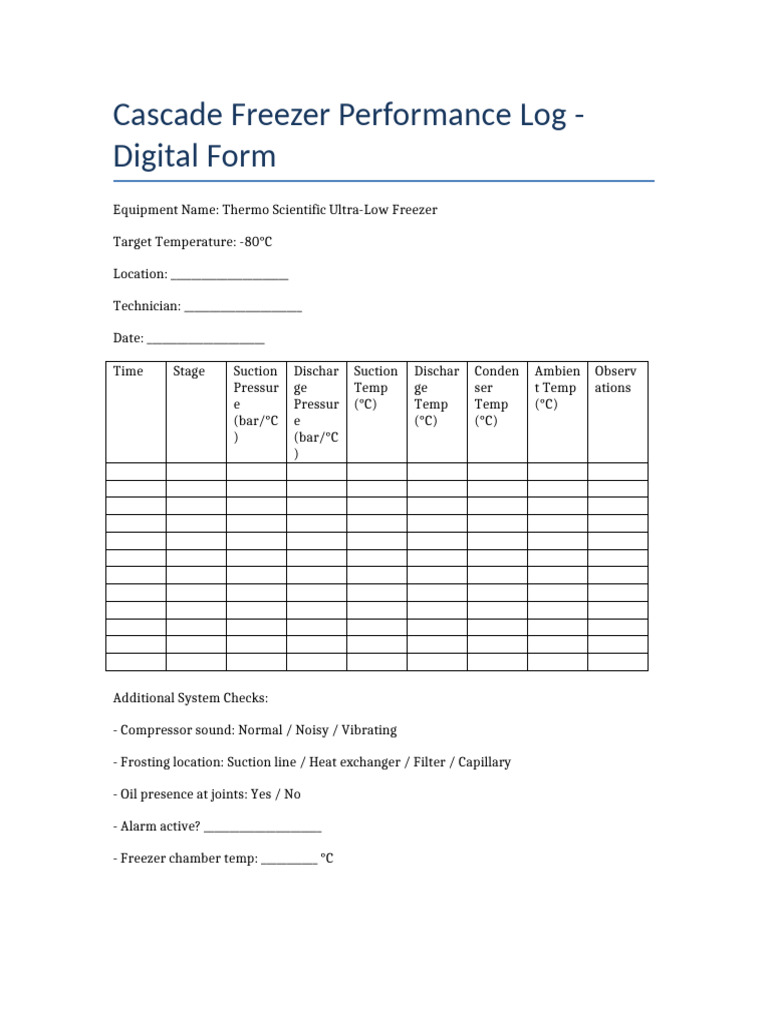 Cascade Freezer Performance Log Digital Form | PDF