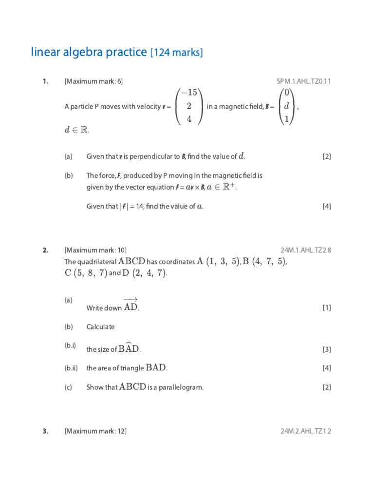 Linear Algebra Practice Problems and Solutions | PDF | Euclidean Vector ...