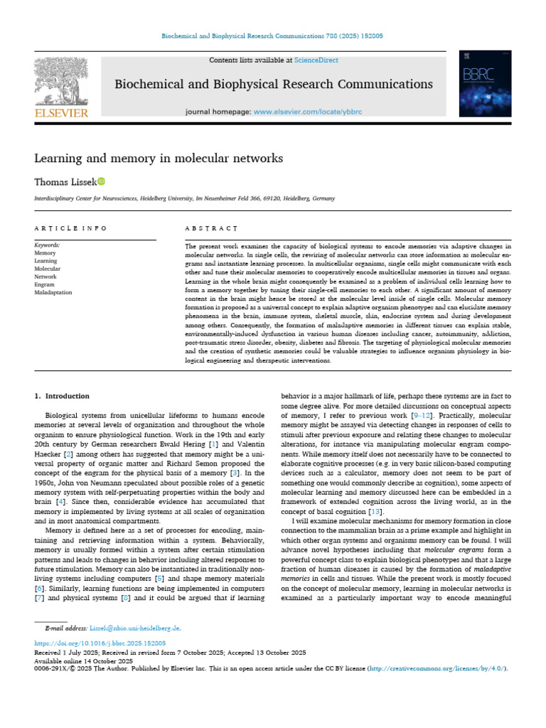 Molecular Networks in Learning and Memory | PDF | Memory | Epigenetics