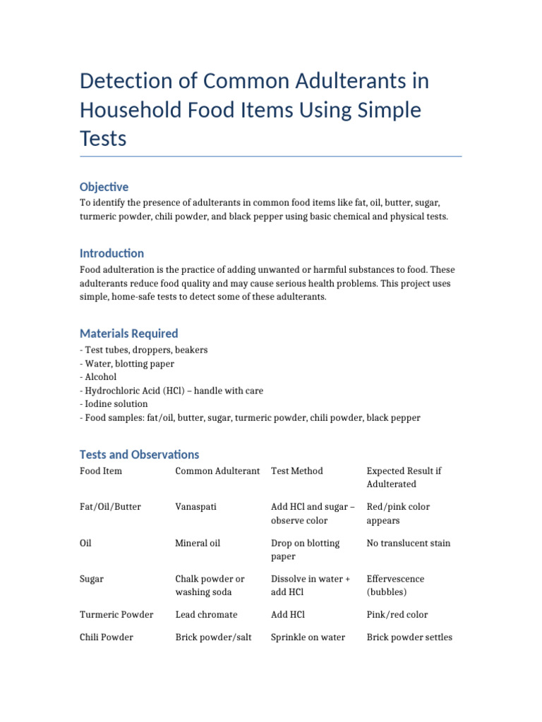 Food Adulteration Project | PDF | Hydrochloric Acid | Foods