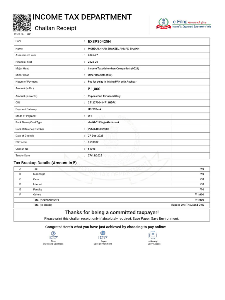 Income Tax Challan Receipt for PAN Linking | PDF | Payments | Taxation