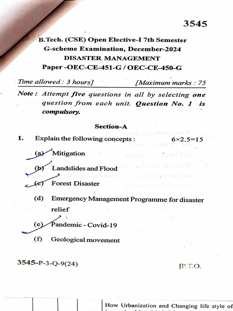 Disaster Management Questions Paper | PDF