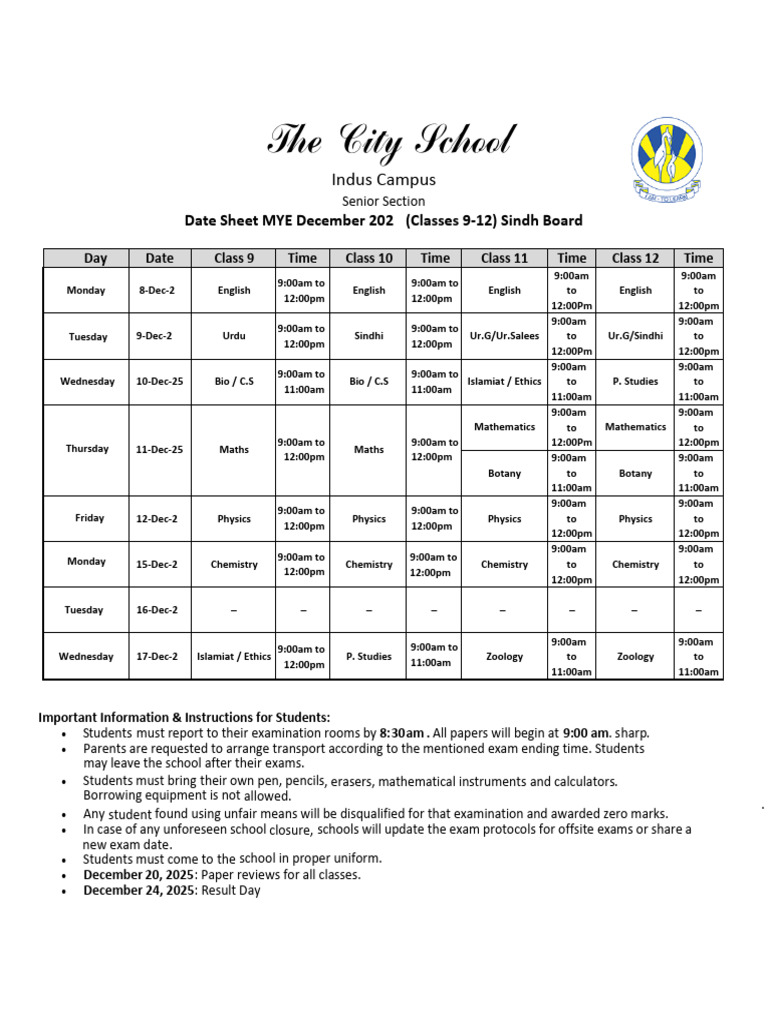MYE Date-Sheet Sindh Board 2025 | PDF