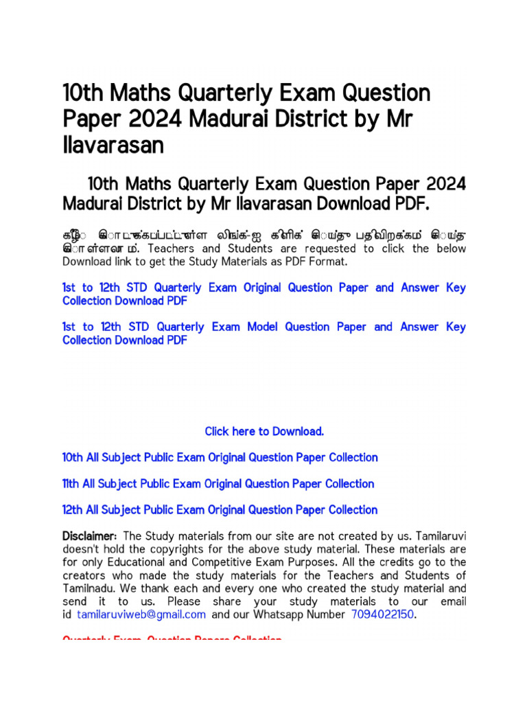 10th Maths Quarterly Exam Question Paper 2024 Madurai District by MR ...