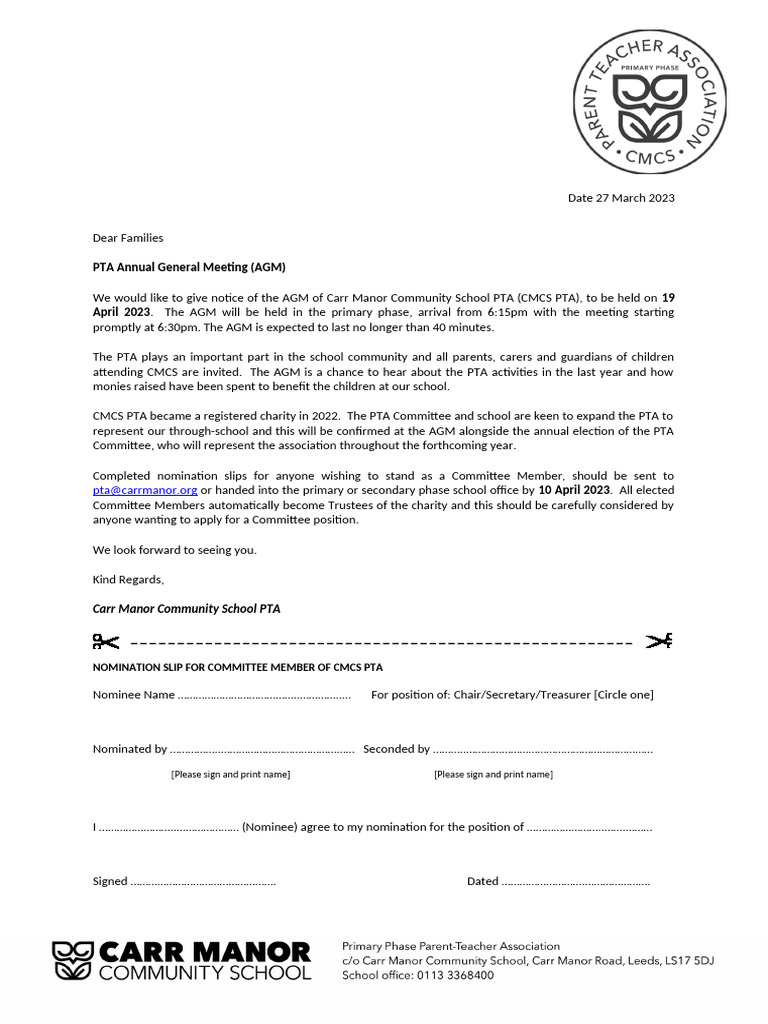 PTA Annual General Meeting (AGM) 19 April 2023: Carr Manor Community ...