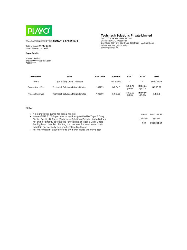 Transaction Receipt for Fitness Services | PDF