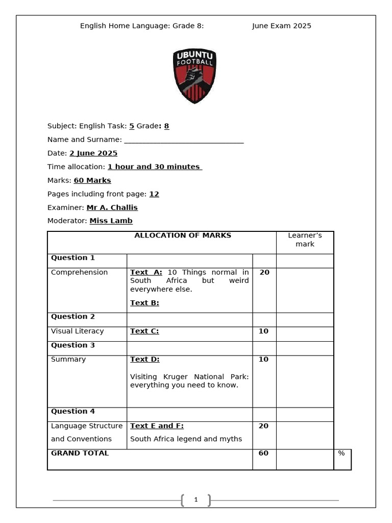 Grade 8 English June Exam 2025 | PDF | South Africa | South Africa ...