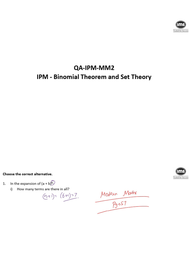 IPM: Binomial Theorem & Set Theory Quiz | PDF | Grand Slam (Tennis ...