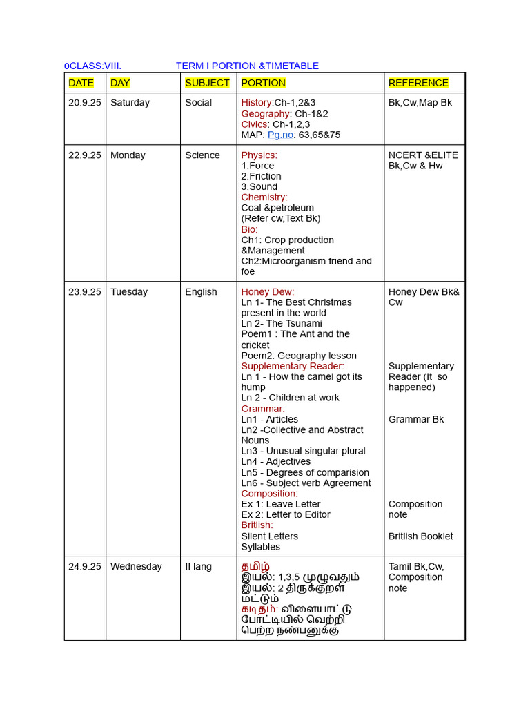 Class 8 Term1 Portion &TIMETABLE | PDF
