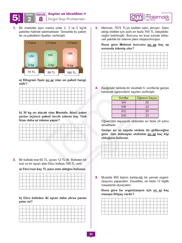 Etkinlik 8 Dogal Sayi Problemleri | PDF